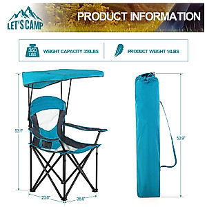 LET'S CAMP Camp Chair with Shade Canopy Folding Camping Chair with Cup Holder and Carry Bag for Outdoor Camping Hiking Beach, Heavy Duty 350 LBS