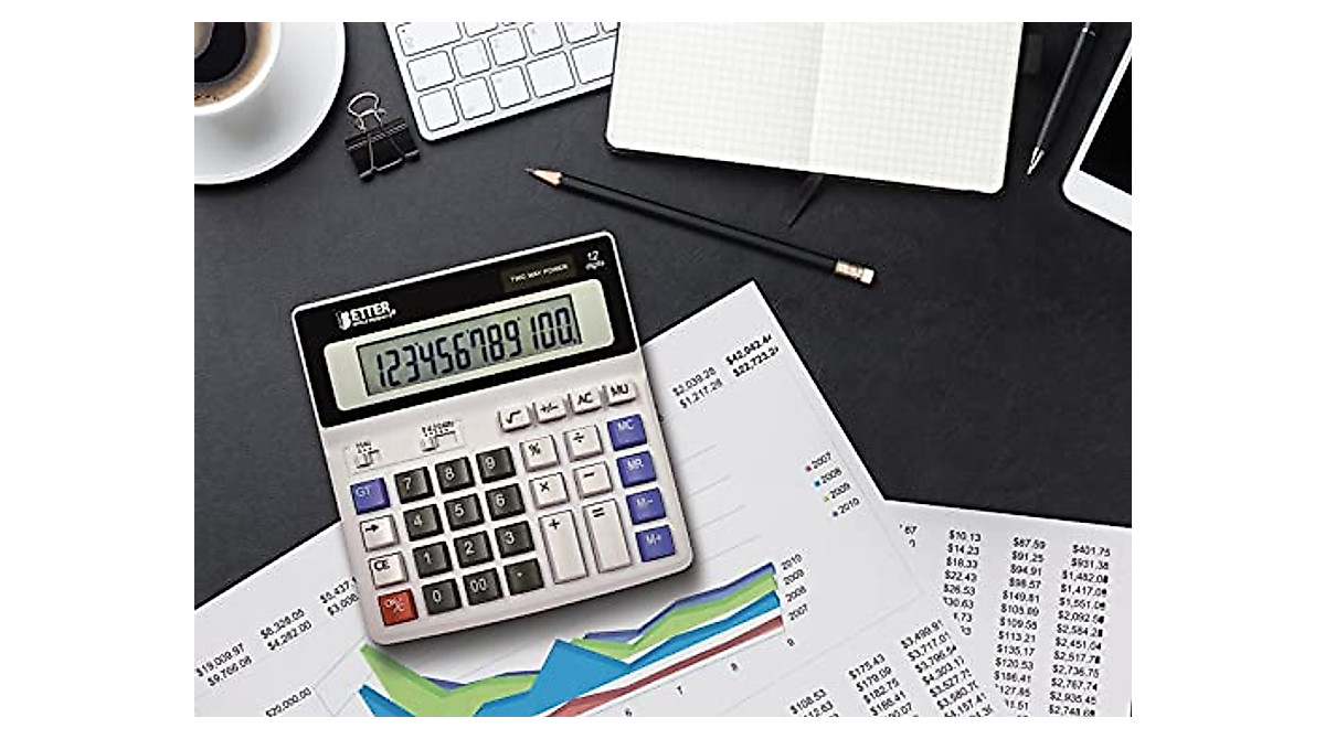 Extra Large 12-Digit Desktop Calculator - Angled LCD Display