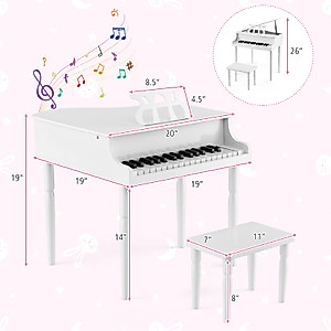 Costzon Classical Kids Piano, 30 Keys Wood Toy Grand Piano with Music Stand and Bench, Mini Musical Toy for Child, Ideal for Children's Room, Toy Room, Best Gifts (4 Straight Leg, White)