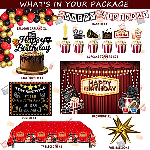 Hombae Movie Night Birthday Party Decorations, Movie Theater Hollywood Cinema Themed Birthday Party Backdrop Balloon Garland Banner Tablecloth Cake Cupcake Topper Poster Clapboard