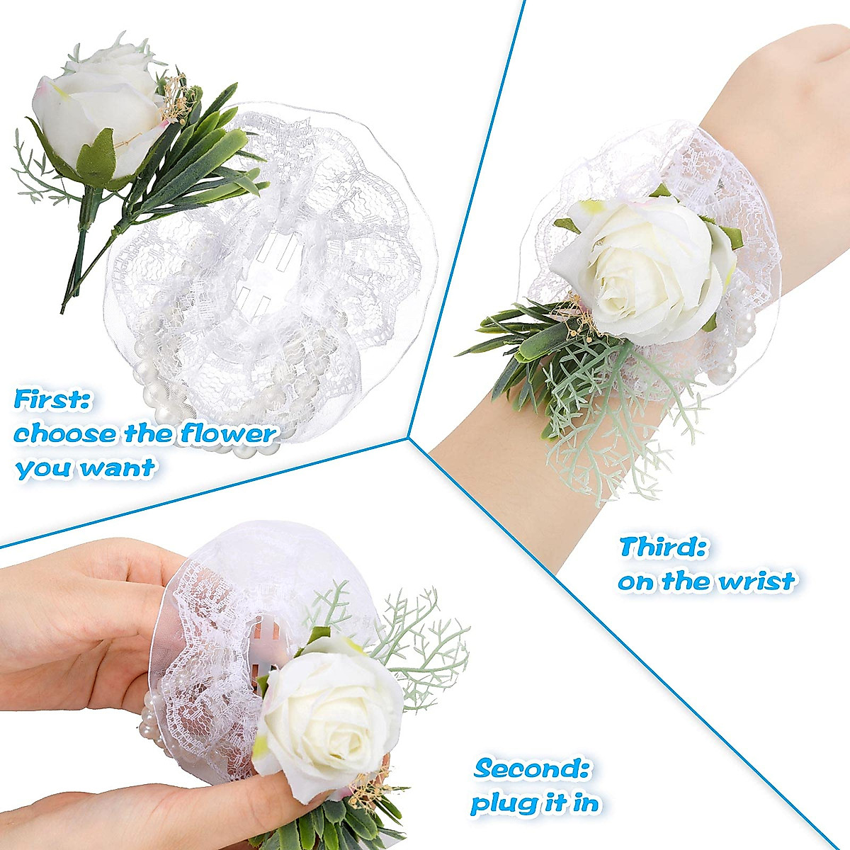12 Pieces Wedding Elastic Pearl Wrist Corsage Bands DIY Flower Hand Stretch Bracelet for Wedding Prom Bride Handmade