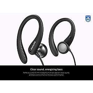 Philips A1105 in-Ear Sports Wired Headphones with Ear Hooks for Secure Fit, Deep bass, in-line Remote Control and Microphone, Sweat-Resistant, 3.5 mm Connector TAA1105BK