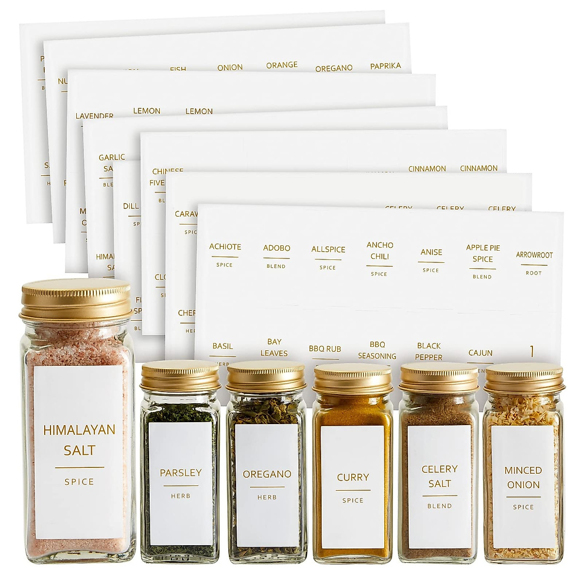 140 Pieces Gold Spice Jar Labels, Minimalist Preprinted All Caps Text on White Stickers for Seasonings, Herbs, Kitchen Organization (Water Resistant)