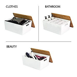 Isaac Jacobs 2-Pack XL White Storage Bin Set w/Cut-Out Handles and Bamboo Lid, Plastic Organizers for Home, Pantry, Kitchen, Closet, Office, Home Décor, BPA Free, Food Safe (Extra-Large, White)