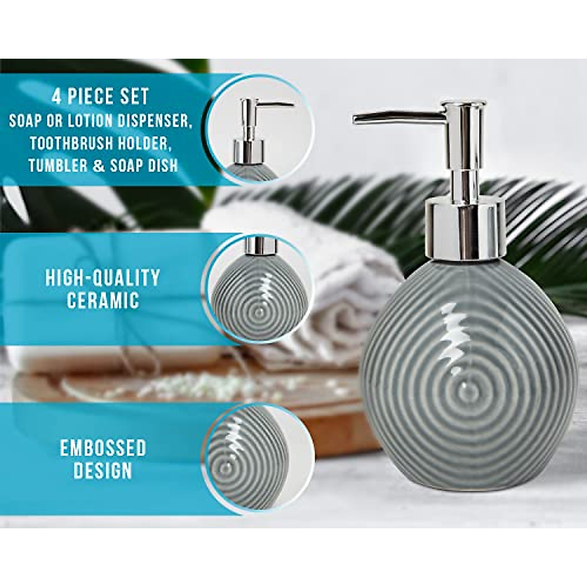 Designer 4-Piece Bathroom Accessory Set – Ceramic Bath Set w/Liquid Soap or Lotion Dispenser, Toothbrush Holder, Tumbler and Soap Dish – Decorative Set w/Embossed Details – Modern Vanity Accessories