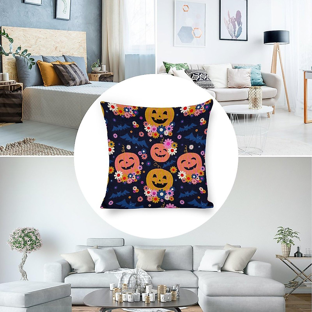 Halloween Pumpkins Flowers Pillow Covers 18x18 Colorful Autumn Pillowcase Set of 2 Linen Throw Pillow Covers Decorative Square Pillow Cases Standard Size for Home Couch Sofa Bed Pillow Protector