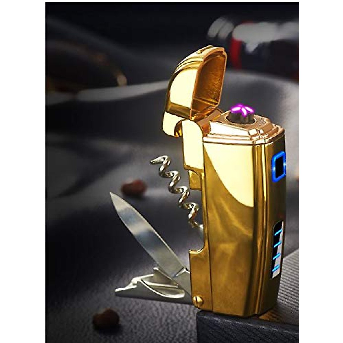Chawgs 4 in 1 Multifunction Electric Plasma Lighter with Bottle Opener, Dual Arc, Flameless, Windproof, USB Rechargeable, Metal Cigarette Lighters (Gold)