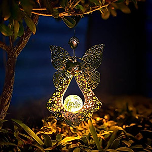 GOODME Hanging Solar Lights Outdoor Waterproof LED Solar Lantern Metal Angel Memorial Gift with Crackle Globe Glass Decoration for Porch,Patio,Yard,Garden