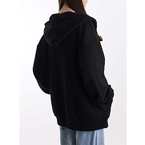 TOMLALEL Women's Active Zip Up Hoodie, Oversized Loose Casual Jacket, Comfortable Long Sleeve with Pockets Zipper Drawstring (Medium, Oversized_Black)