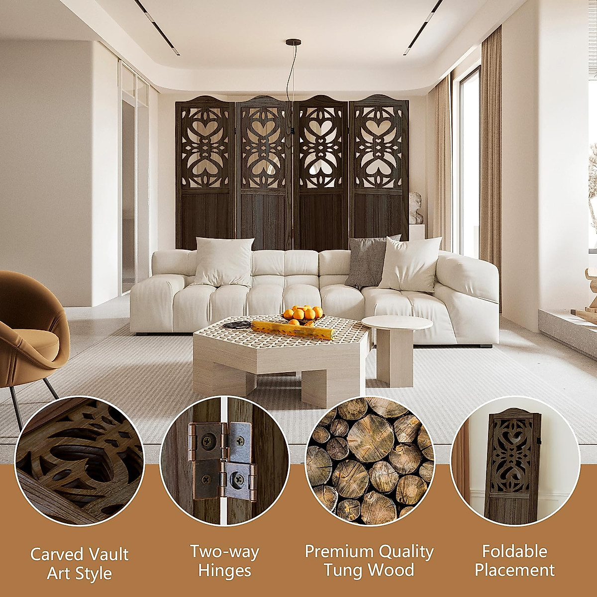 Leesinwing Room Divider, 4 Panel Room Divider, Tung Wood Room Divider Wall, Carved Vault Room Dividers, Rustic Minimalism Room Partition, 5.6Ft Room Dividers and Folding Privacy Screens, Dark Brown