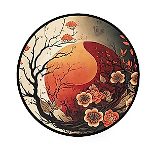 Vnurnrn Round Area Rug (Oriental Moon Floral), Non Slip Indoor Throw Area Rug Washable Circle Carpet Floor Mat for Living Room, Door Entryway, Bedroom, Sofa, 3 Ft