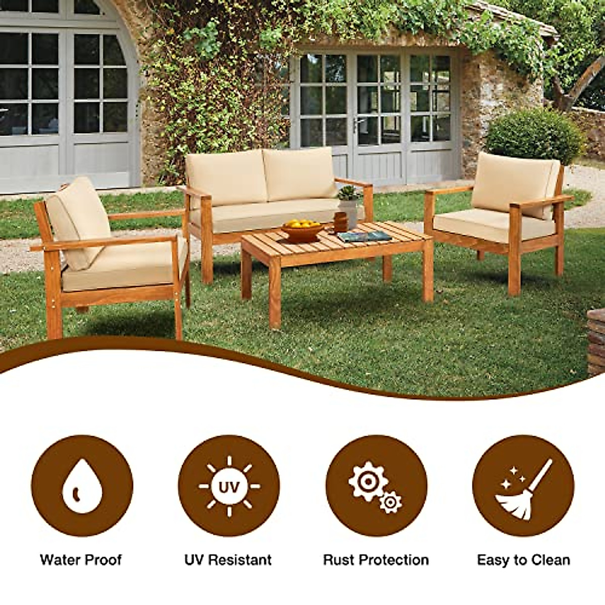 YOLENY 4 Piece Patio Conversation Set, Outdoor Coffee Table with Soft Cushions Chairs, Wood Furniture Set Outdoor Sofa Set for Garden, Poolside, and Backyard