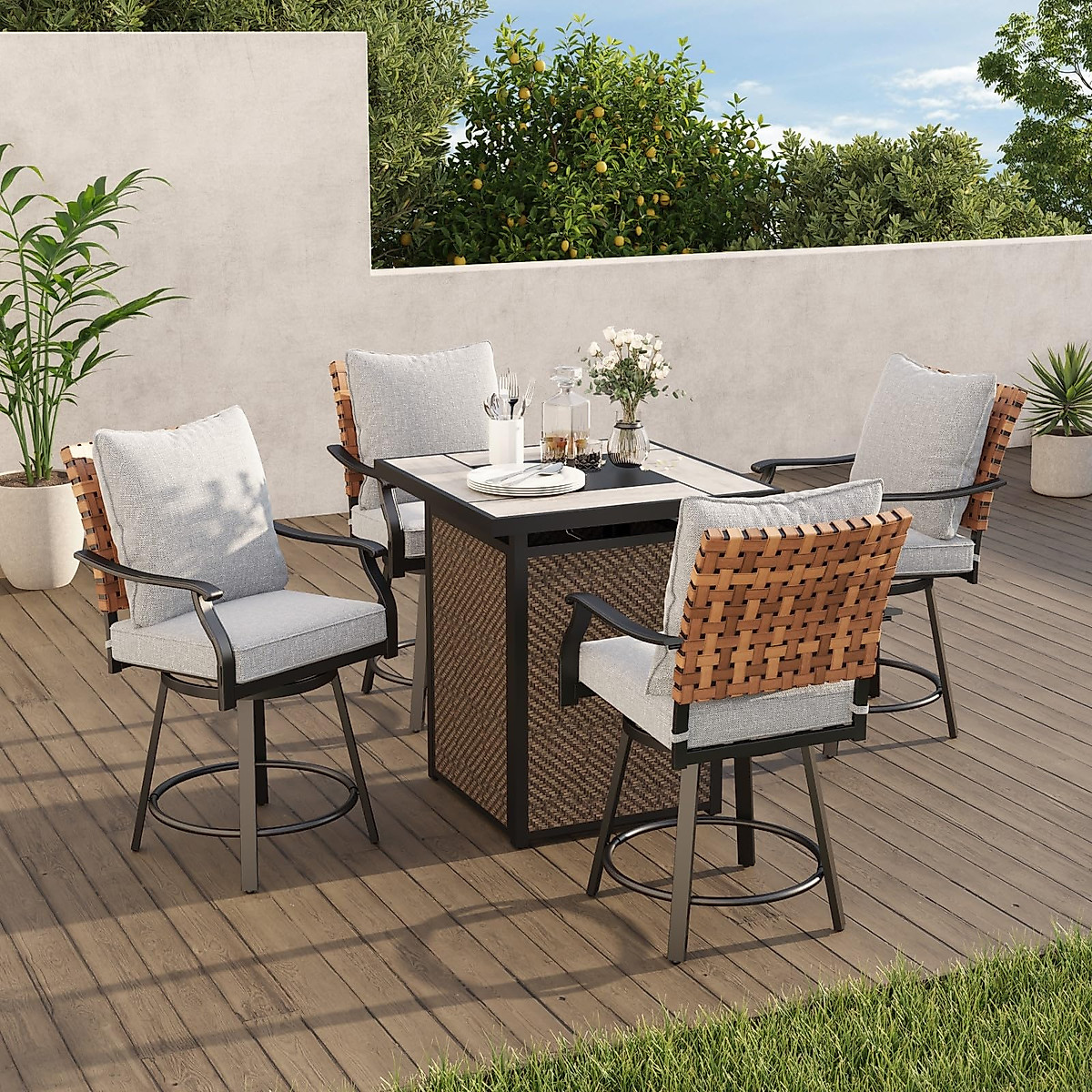Grand patio 5-Piece Swivel Patio Bar Set with Fire Pit Table 40,000 BTU Heat Output, Leather-Look Wicker Outdoor Height Patio Bar Stools Set of 5, Patio Bar Height Chairs with High Back and Armrest