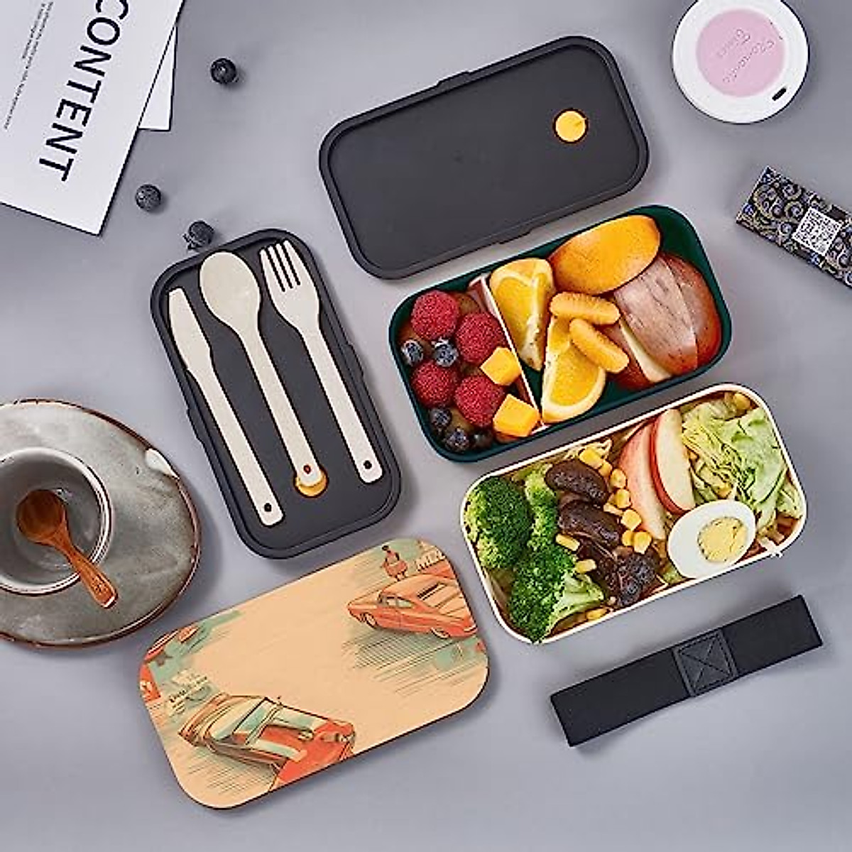 Poster Car Adult Lunch Box, Bento Box, With Cutlery Set Of 3, 2 Compartments, Rectangular, Lunch Box For Adults