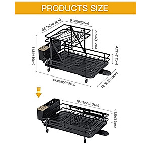 Uamector Large Dish Drying Rack, 2 Tier Stainless Steel Dish Racks with Drainage and Utensil Holder, Drying Rack Kitchen with Drainboard Set, Foldable Dish Drainers for Kitchen Counter Black