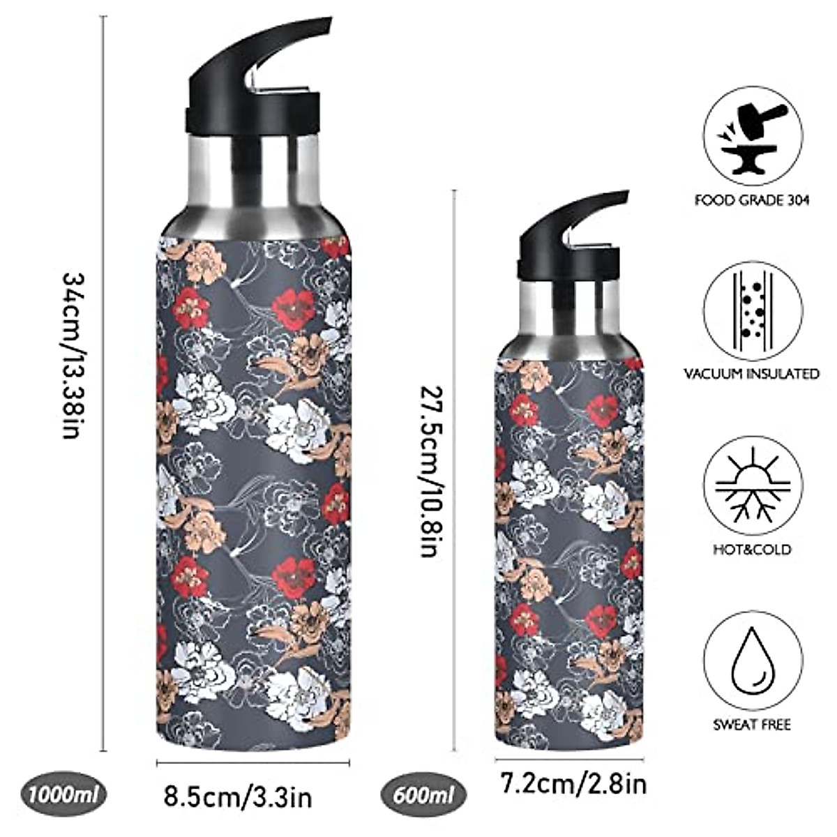 Kigai Floral Pattern Stainless Steel Sports Water Bottle BPA-Free Vacuum Insulated Leakproof Wide Mouth Flask with Straw Lid Keeps Liquids Cold or Hot for Gym Travel Camping