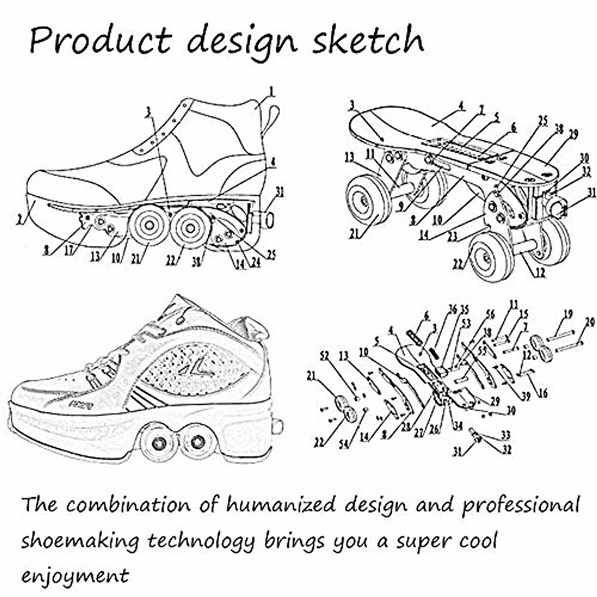 Roller Skates for Women,Shoes with Wheels for Girls/Boys,Men Outdoor Skates,Quad Skates for Kids,2 in 1 Double Line Skates/Kick Rollers Shoes for Adults,Parkour Deformed Shoes Unisex,Black2-7US