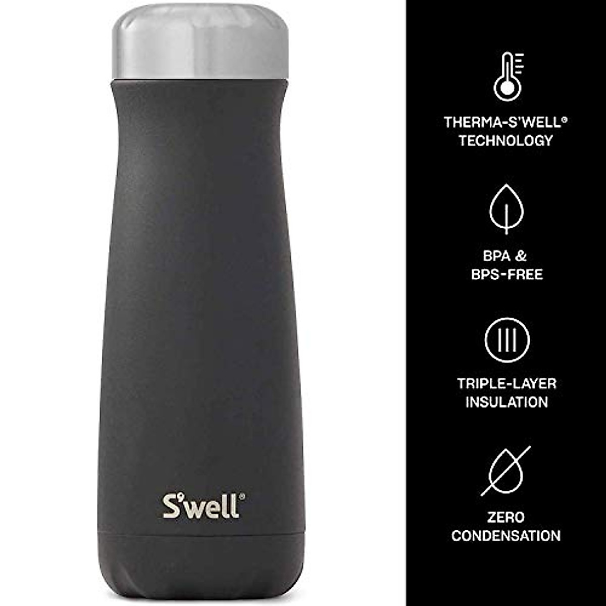 S'well Stainless Steel Traveler-20 Fl Oz-Onyx Triple-Layered Vacuum-Insulated Travel Mug Keeps Coffee, Tea and Drinks Cold for 36 Hours and Hot for 15-BPA-Free Water Bottle, 20 oz