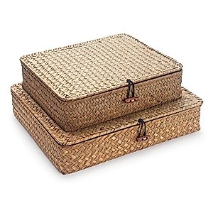 Seagrass Storage Basket Box with Lid Rectangular Woven Shelf Baskets Bins for Organize Snack Toys Set of 2 Natural Decorative(Large+Small)