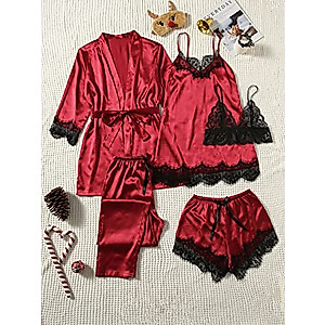 WDIRARA Women's 5 Pieces Satin Sleepwear Lace Trim Pajama Sets with Belted Robe Multicolored L