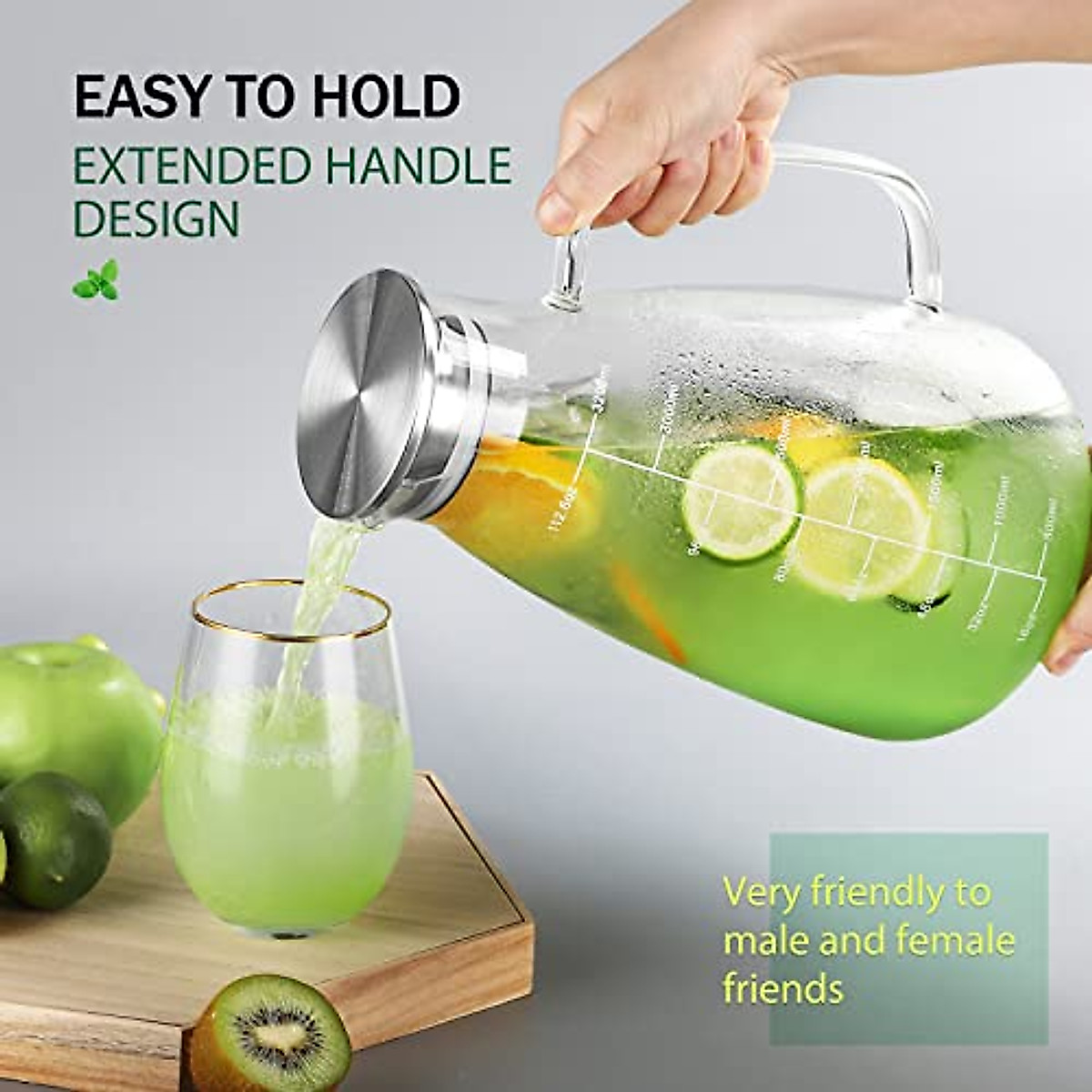 Glass Pitcher with Lid 1 Gallon, 113OZ Glass Water Pitcher with Precise Scale Line, WELLCHE 18/8 Stainless Steel Tea Pitcher 1 Gallon for Fridge, Easy to Clean Heat & Cold Resistant Borosilicate Glass