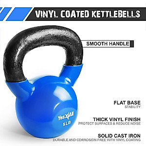 Yes4All Kettlebells 5 10 15 lbs Set Weight Vinyl Coated Cast Iron for Dumbbell Weights Exercises, Gym, Fitness, Full Body Workout Equipment Push up, Grip and Strength Training, Blue