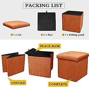 ACEHOME Storage Ottoman Cube, Small Ottoman with Storage, 12 Inch Velvet Tufted Folding Square Storage Ottoman, Small Footstool Rest Padded Seat, Orange