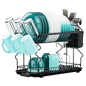 Veckle Dish Drying Rack for Kitchen Counter 2 Tier Small Dish Racks for Plates and Bowls Sets Rust-Resistant Dinnerware Drainer with Drainboard Tray, Glass Holder and Utensil Holder, Black