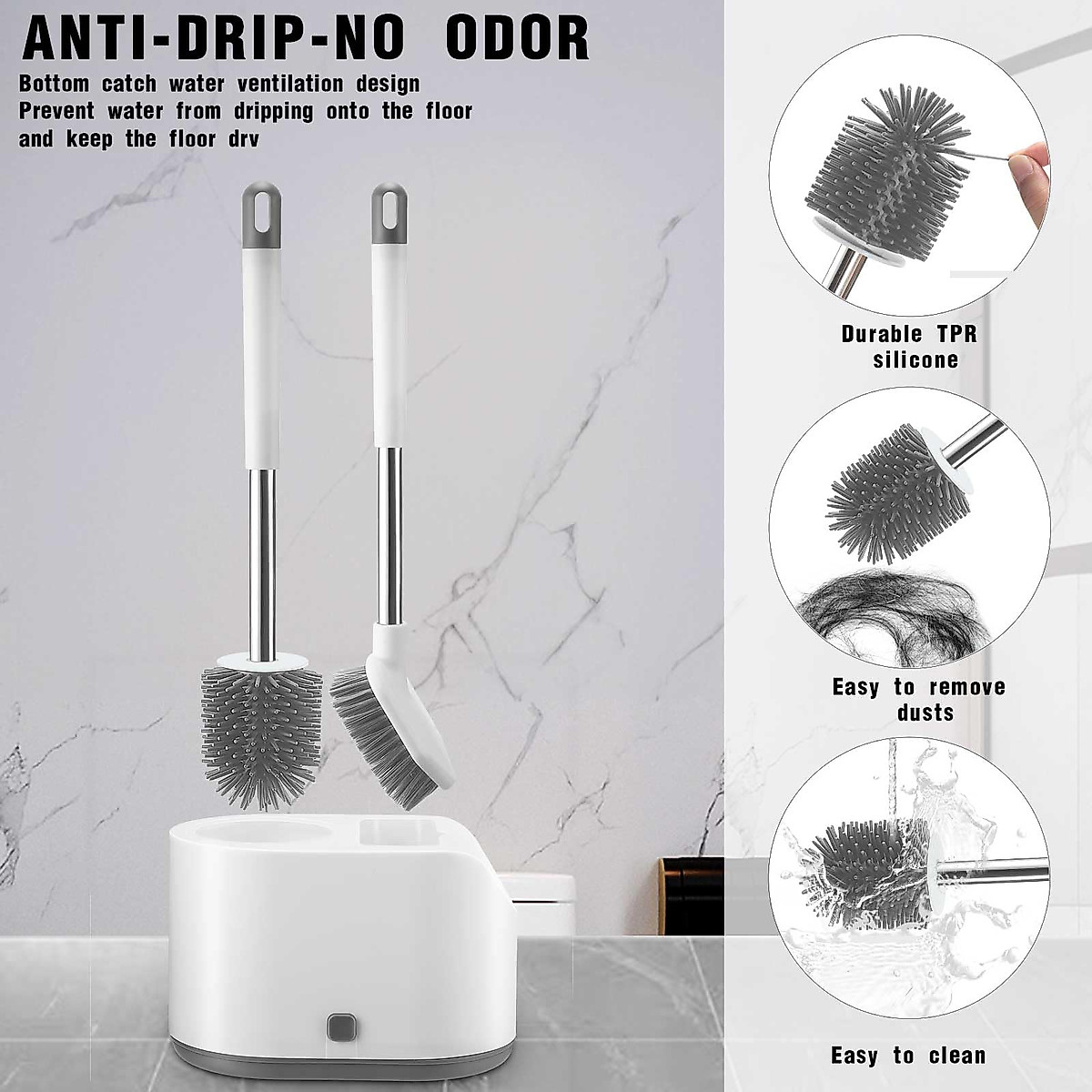 Tioncy 3-Piece Silicone Toilet Brush Set with Ventilated Holder, White