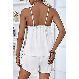 CHYRII White Pajamas for Women Sexy Silk Satin Cowl Neck Cami Shorts PJ Sets Lingerie Nightwear L