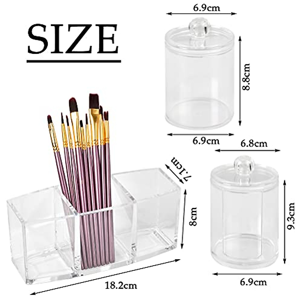 TIMESETL 5 Pack Qtip Holder Dispenser for Cotton Ball, Cotton Swab, Cotton Round Pads, Floss, 10 oz Clear Plastic Apothecary Jar Set for Bathroom Canister Storage Organization, Vanity Makeup Organizer