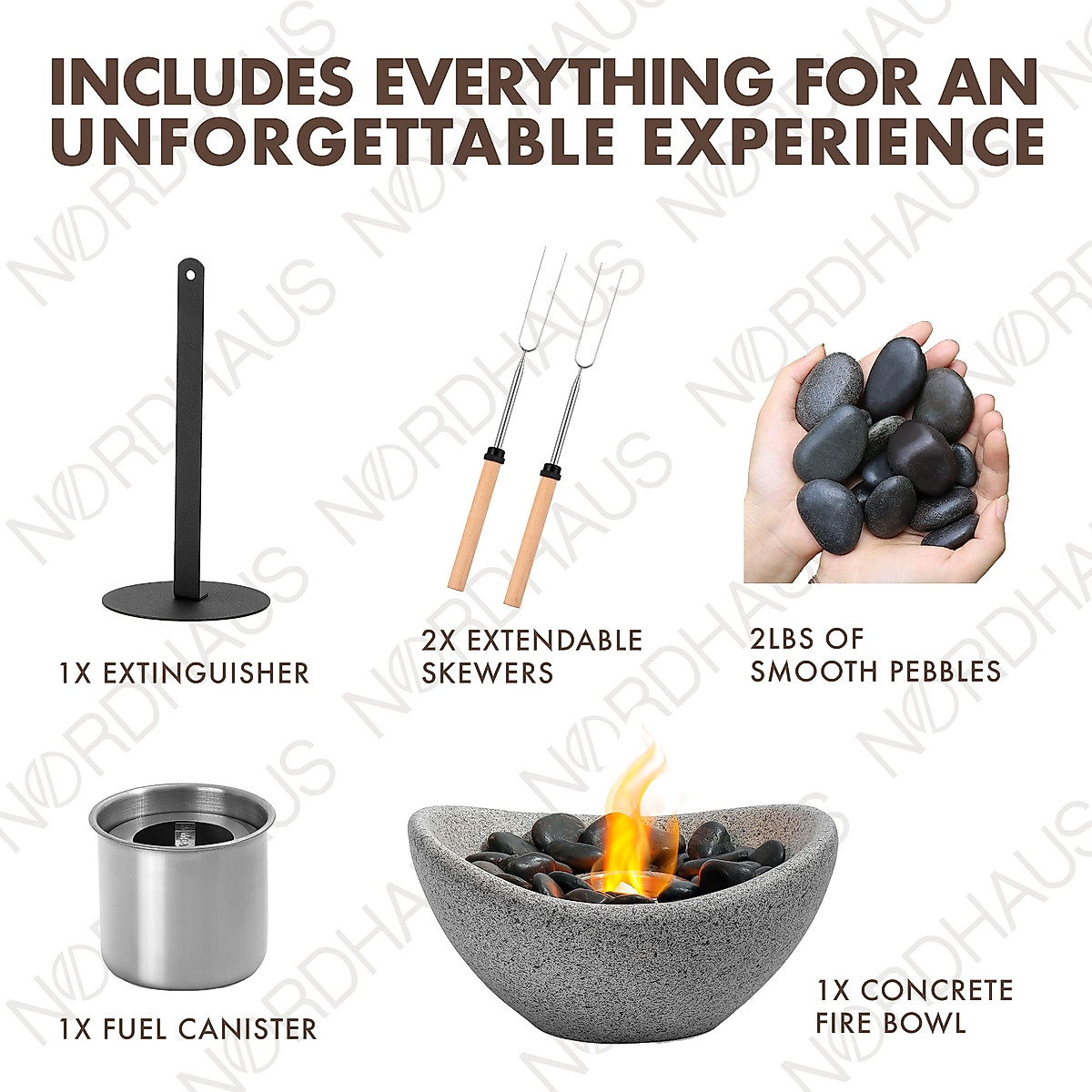 Nordhaus 11'' Table Top Fire Pit Bowl with Extendable Skewers - Personal Fire Bowl Fireplace for Roasting Smores - Large Concrete Personal Tabletop Fire Pit for Patio, Balcony, Indoor and Outdoor Use