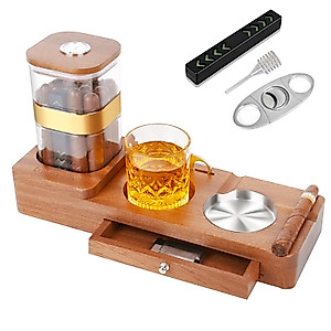 OTAKOKIT Cigar Humidor and Cigar Ashtray Set With Whiskey Coasters, Acrylic Cigar Jar, Humidifier, Drawer, Cigar Holder and Cigar Cutter, Cigar Accessories Decor, Personalized Cigar Gifts for Men