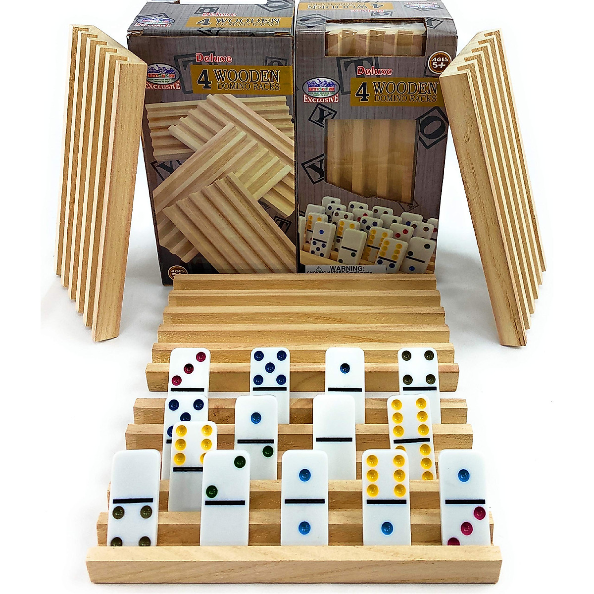 Matty's Toy Stop Deluxe Solid Wood Domino Trays (4 Count) Game Bundle - 2 Pack (8 Trays Total)