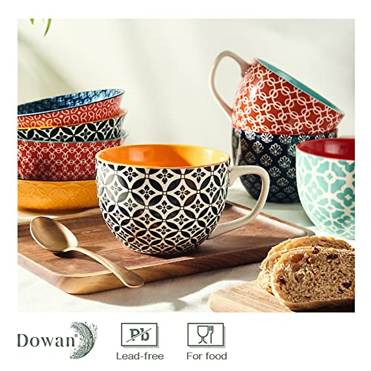 DOWAN 24 oz Large Coffee Mugs Set of 4, Porcelain Jumbo Soup Mugs With Handles for Cereal Latte Cappuccino Hot Cocoa Soup, Easy to Clean Dishwasher safe, Housewarming Gift, Vibrant Colors