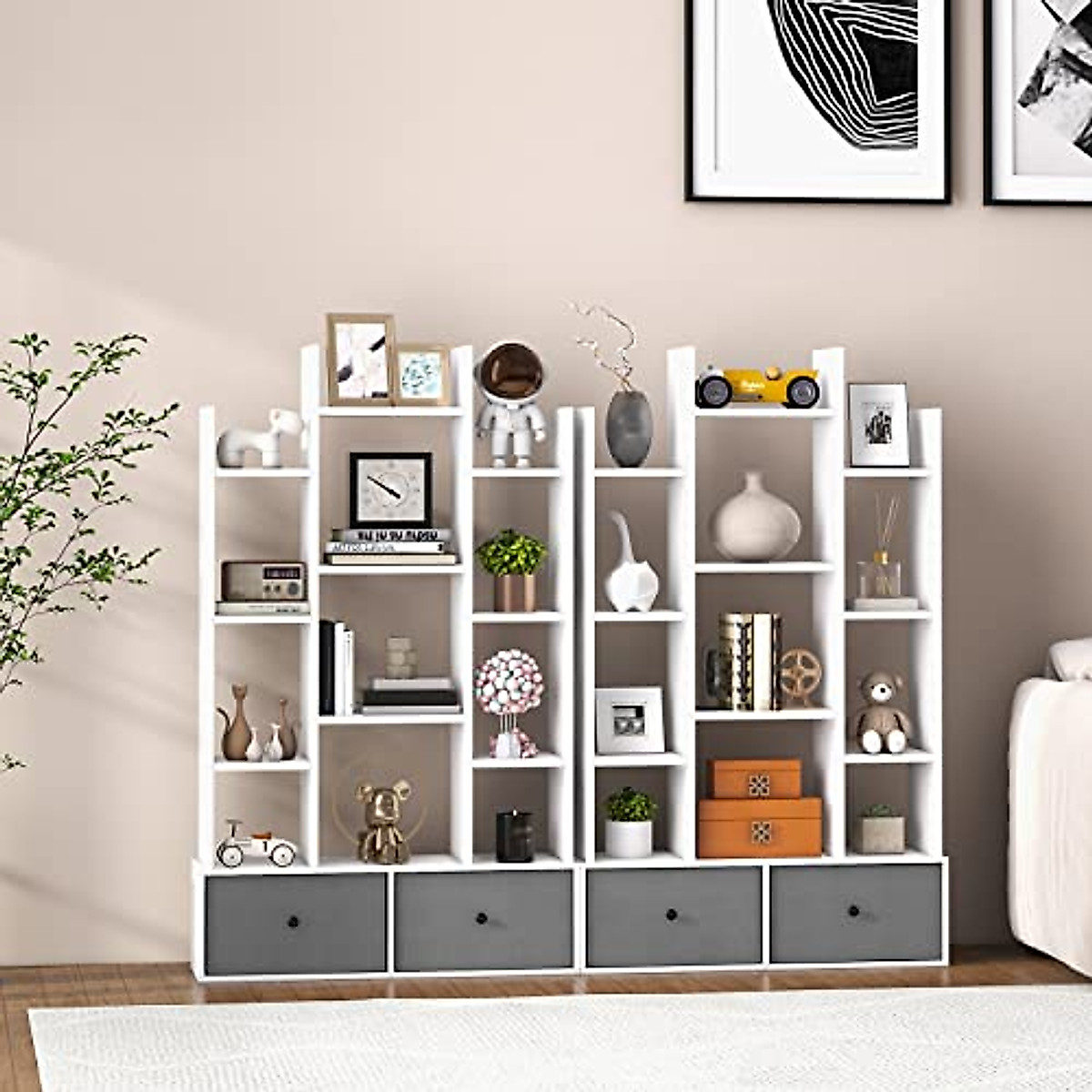 Tangkula Bookshelf with 2 Drawers, Tree-Shaped Bookcase with 12 Open Storage Shelves, Freestanding Industrial Wood Display Cube Shelf, Home Office Books Organizer, 31.5 x 9.5 x 52 Inches