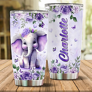 WONWIX Personalized Elephant Tumbler Customized Name Elephants Mug Gift Mugs Funny Gifts For Adults Purple Flowers Cups 20oz Insulated Stainless Steel Coffee Cup With Lid