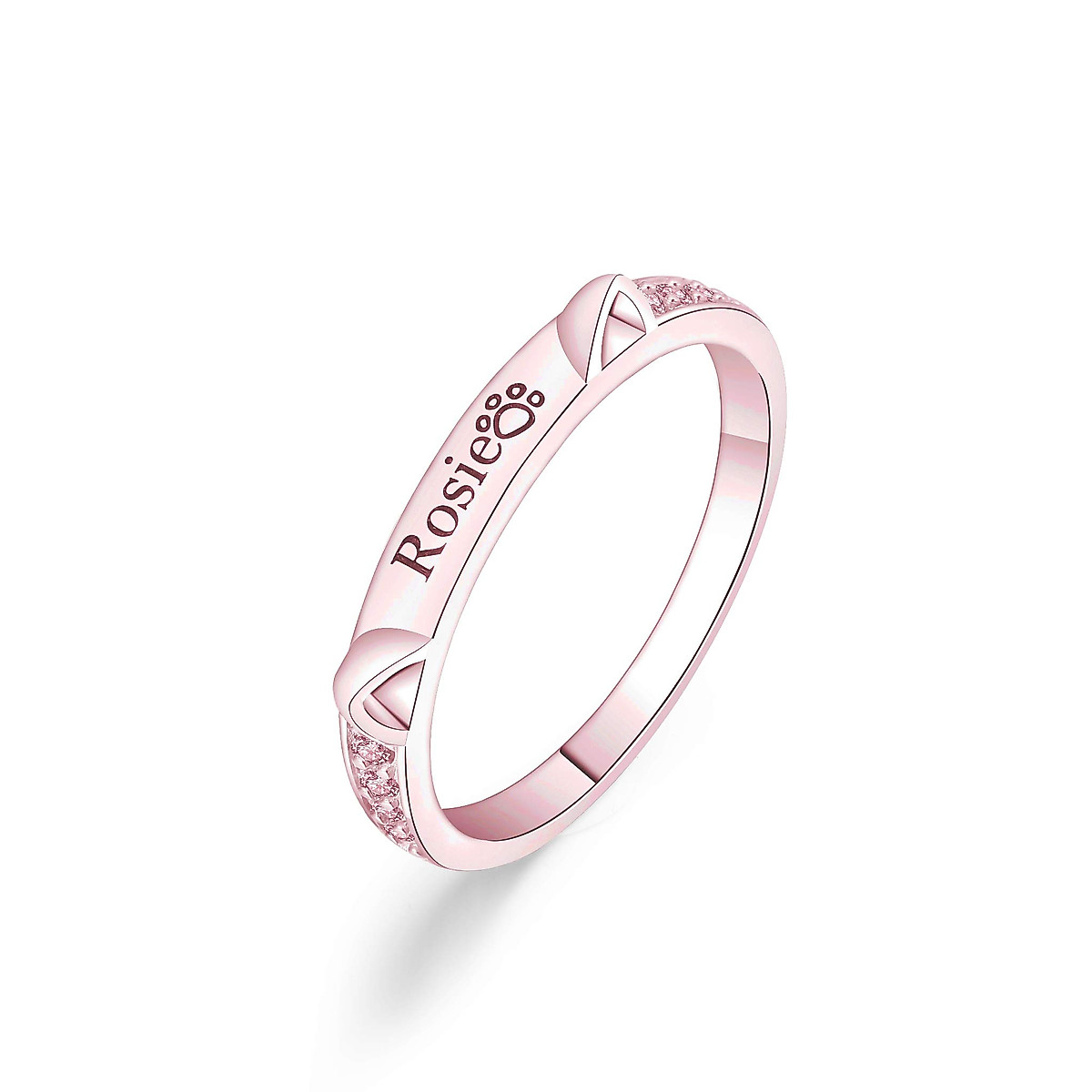 RESVIVI Sterling Silver Personalized Ear Shaped Name Ring Custom Printed Pet Name Ring with Paw Jewelry Gift for Cat Lovers (Rose Gold)