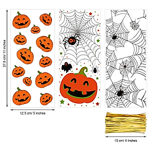 Boao 150 Pcs Halloween Cellophane Treat Bags Clear Plastic Candy Bags with 150 Twist Ties 11 Inch Pumpkin Spider Web Halloween Goodie Bags for for Snacks Cookies Gift Kids Halloween Party Favor