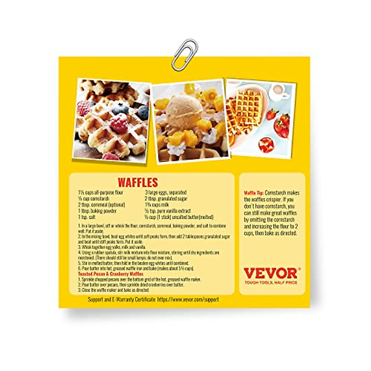 VEVOR Waffle Maker 1200W Square Waffle Iron, Non-Stick Waffle Baker Machine with Five-setting Browning Controls, 4 Slice Belgian Waffle Maker Teflon-Coated Baking Pans Stainless Steel Body, 120V