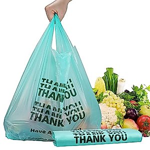 AYOTEE Shopping Bags for Small Business, Thank You Bags Bulk 50 Count Green Reusable Grocery Bags, T Shirt Bags with Handles, Standard Supermarket Size (12"x6.5"x22") Restaurants,Grocery Store