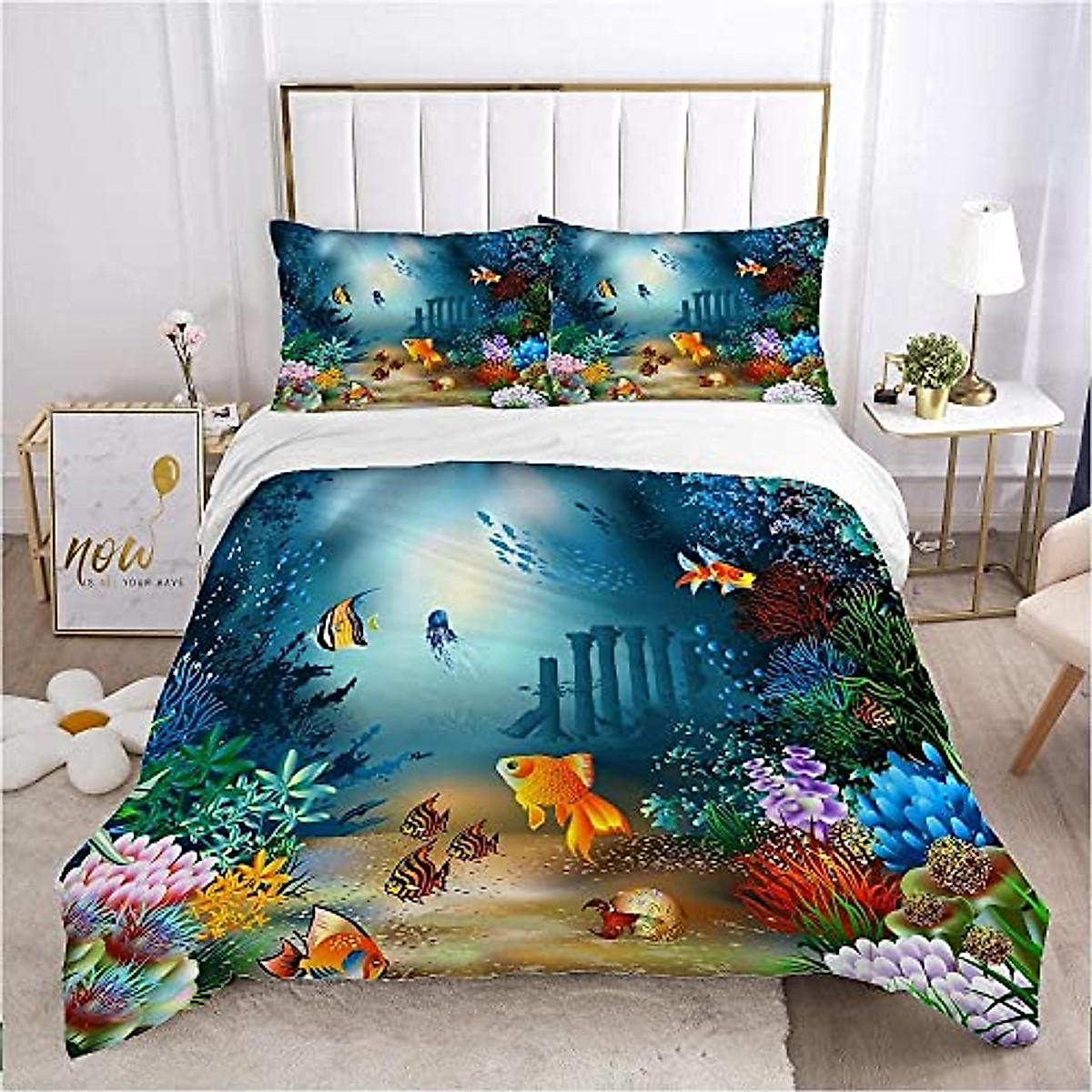 LUYAPOND Submarine Fish King Duvet Cover, Bedding Sets King Adults Kids, Luxury Soft Microfiber with Zipper Duvet Covers - Includes 1 Quilt Cover 104x90 in and 2 Pillowcases 20x36 in