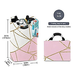 ALAZA Large Laundry Basket Nordic Pink Gold Marble Geometry Laundry Bag Hamper Collapsible Oxford Cloth Stylish Home Storage Bin with Handles, 22.7 Inch