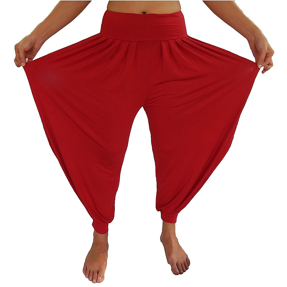Lovely Creations Women's Drape Harem Pants Best for Dance, Yoga, Pilates, Belly Dance Fitness, Lounging - Super Soft Aladdin Pants Free Size (S-XL) (JS Red)