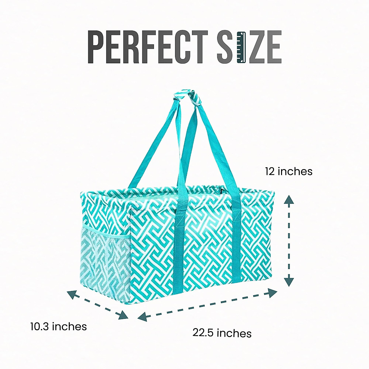 Lucazzi Extra Large Utility Tote Bag - Oversized Collapsible Reusable Wire Frame Rectangular Canvas Basket With Two Exterior Pockets For Beach, Pool, Laundry, Car Trunk, Storage - Geometric Teal