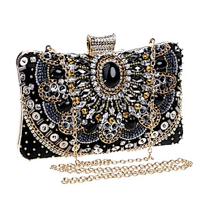 MJWDP Small Beaded Clutch Purse Elegant Black Evening Bags Wedding Party Clutch Handbag Metal Chain Shoulder Bags
