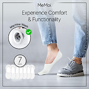 MeMoi Womens No Show Socks 7-Pair Pack - Cotton Blend, High Cut Coverage Sneaker Socks for Women, Womens Non Slip Heel Grip, White, One Size
