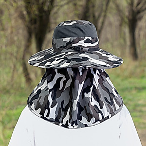 UPF 50+ Sun Fishing Hat for Men Women Wide Brim Hat with Detachable Face Cover & Neck Flap Grey Camo