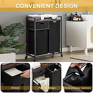 Zevemomo Laundry Basket Hamper with Wheels，2 Laundry Bags & Drawer, Laundry Hamper with Shelf for Laundry，Laundry Room Organization, Rustic Brown and Black