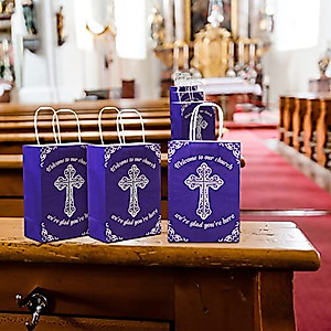 15 Pieces Welcome Gift Bags with Handles Purple Welcome to Our Church Gift Bags Religious Church Bag Baptism Gift Bag Bulk for Birthday Church Theme Party Supplies, 5.9 x 3.1 x 8.3 Inch